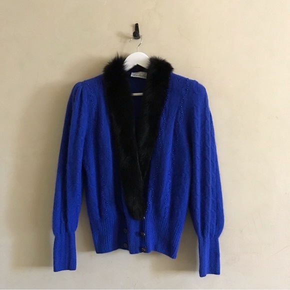 Vintage | Sweaters | Vintage Angora Cardigan With Black Fox Fur Collar ...